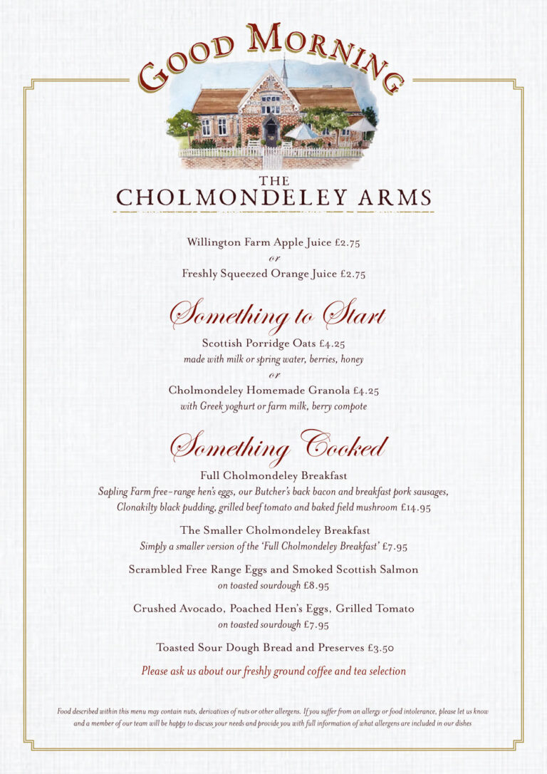 Breakfast Menu | Cholmondeley Arms | Cheshire Pub and B & B