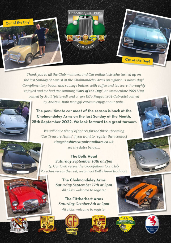 Forthcoming Car Club Events | Cholmondeley Arms | Cheshire Pub and B & B